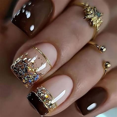 24 Pcs Winter Dark Brown Press On Nails Short Square Shanrun Spring