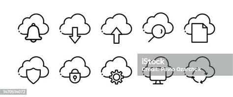 구름 선 아이콘을 설정합니다 클라우드 스토리지 비밀번호 교환 데이터베이스 원격 액세스 클라우드 서비스 인공 지능 보안 데이터 웨어하우스 개념입니다 벡터 블랙 라인 아이콘