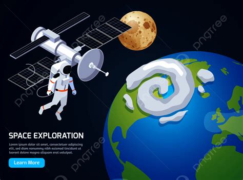 太空探索等距背景與文本了解更多按鈕和太空行走宇航員和衛星矢量插圖橫幅的圖像模板下載，設計範本素材在線下載