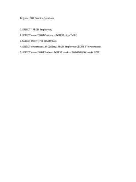 Beginner Sql Practice Questions Pdf