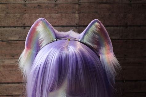 Lilac Pastel Purple Blue Pink Yellow Faux Fur Rainbow Cat Ears Headband