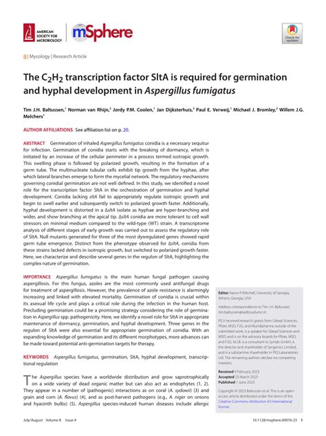 PDF The C H Transcription Factor SltA Is Required For Germination And Hyphal Development In