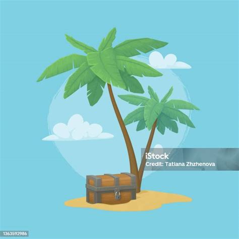 바다의 작은 섬에 야자수와 오래된 나무 가슴의 부부 배경에 구름과 푸른 하늘 해적 보물 보상 위험 탐험 만화 스타일