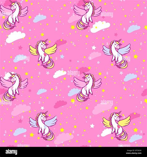 Seamless Pattern With Cute Magical Unicorns In The Sky With Colorful