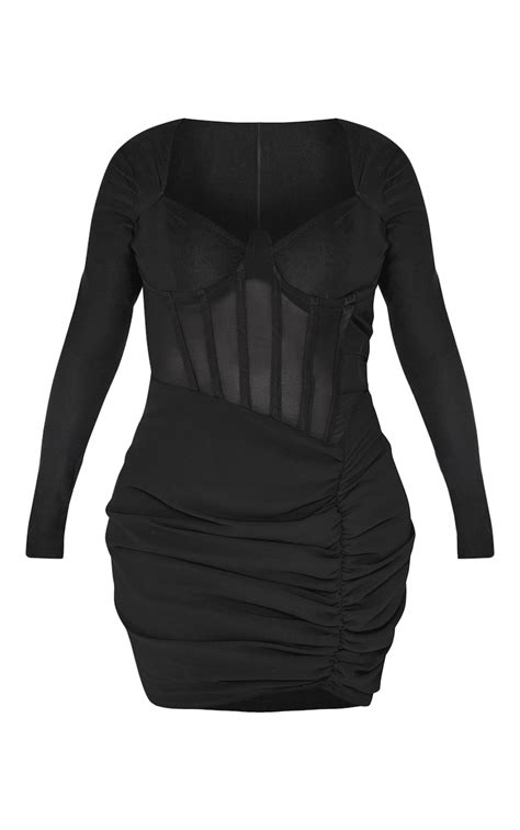 Shape Black Mesh Insert Corseted Ruched Mini Dress Shape