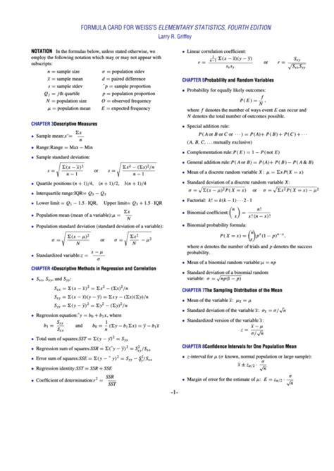 Formula Card For Weiss S Elementary Statistics Fourth Edition