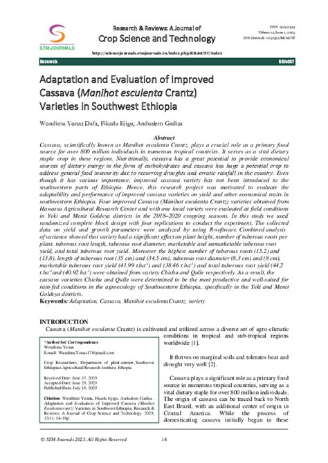 Pdf Adaptation And Evaluation Of Improved Cassava Manihot Esculenta