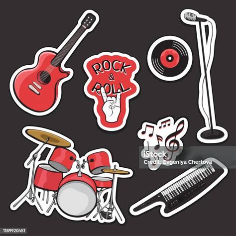 악기의 스티커를 설정 개요 만화 손 그리기 로큰롤 아이콘 어두운 배경에 고립 된 검은 색 빨간 드럼 키트 신디사이저 기타 마이크 벡터 일러스트레이션 스티커에 대한 스톡 벡터