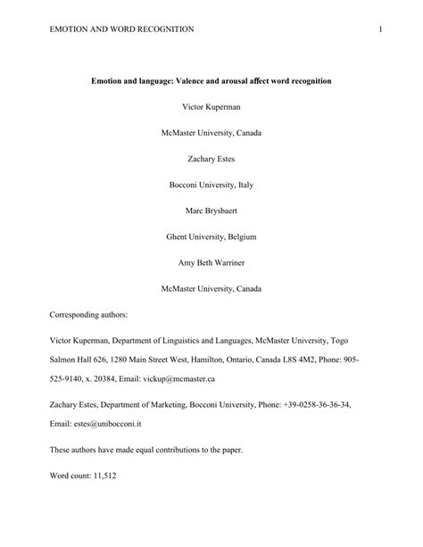 Pdf Emotion And Language Valence And Arousal Affect Word Recognition