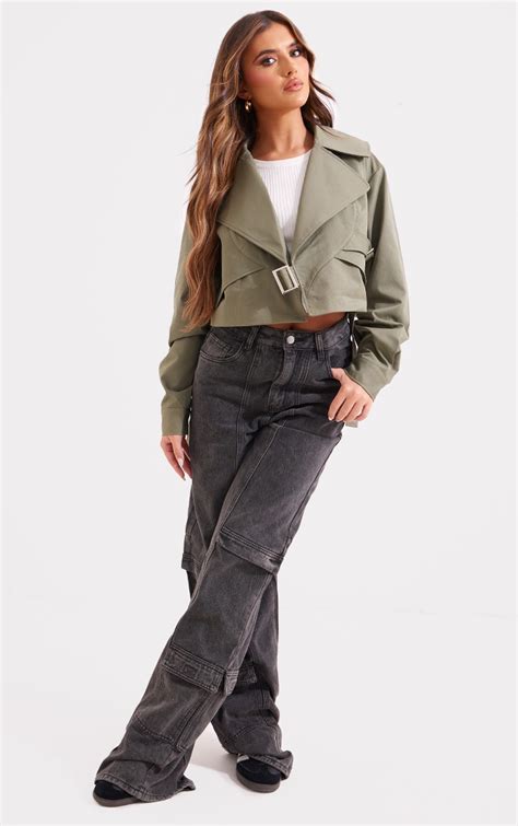 Khaki Cropped Trench Belted Jacket Outerwear Prettylittlething