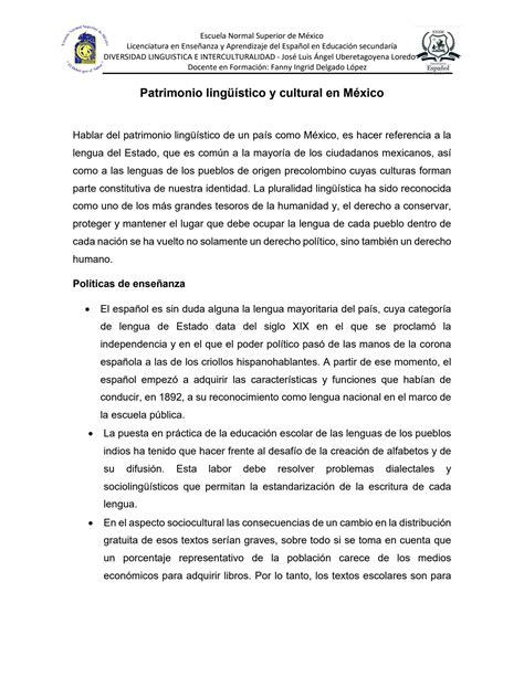 SOLUTION Patrimonio Ling Stico Y Cultural En M Xico Studypool