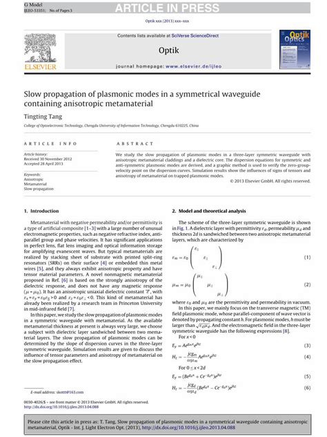 Pdf Slow Propagation Of Plasmonic Modes In A Symmetrical Waveguide