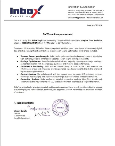 Ritika Singh On Linkedin Internship Digitaldataanalytics Inboxcreations Dataanalytics