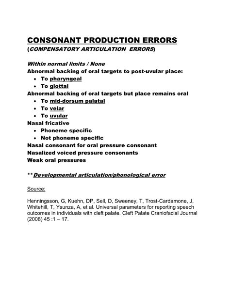 Consonant Production Errors Compensatory Articulation Errors Docslib