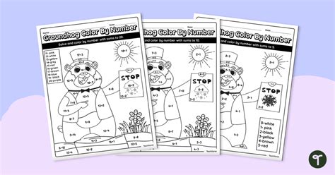 Groundhog Day Addition Color By Number Teach Starter Worksheets