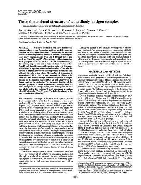 Pdf Three Dimensional Structure Of An Antibody Antigen Complex