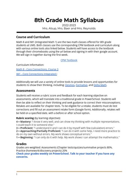 8th Grade Math Syllabus 2022 2023 Pdf Learning Behavior Modification