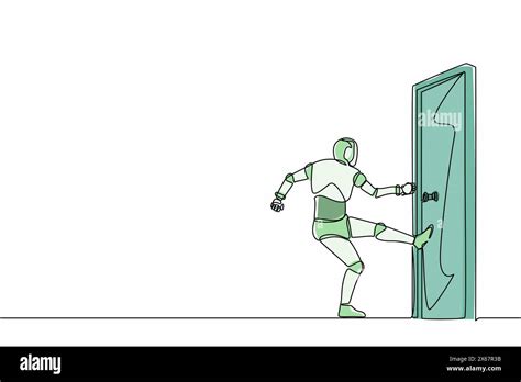 Continuous One Line Drawing Robots Standing Kicks Closed Door With His Leg Humanoid Robot