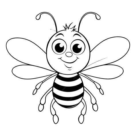 Черно белая иллюстрация милой мультфильмовой пчелы на белом фоне