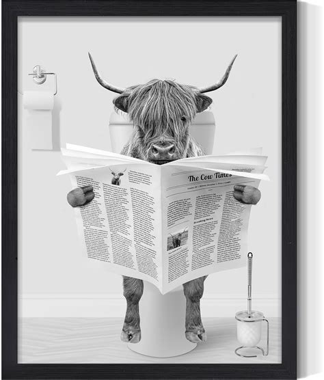 Ksiw Funny Bathroom Wall Art Highland Cow Reads Newspapers In The