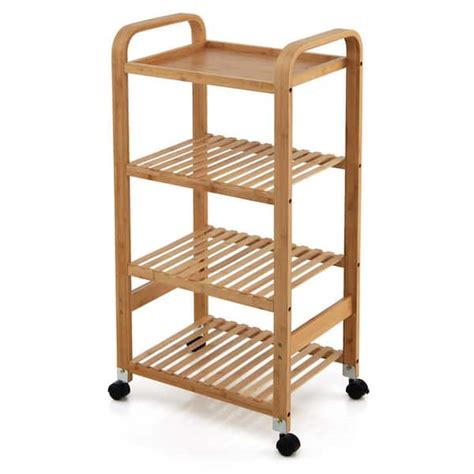 Gymax 4 Tier Kitchen Serving Trolley Cart Mobile Bamboo Storage Shelf