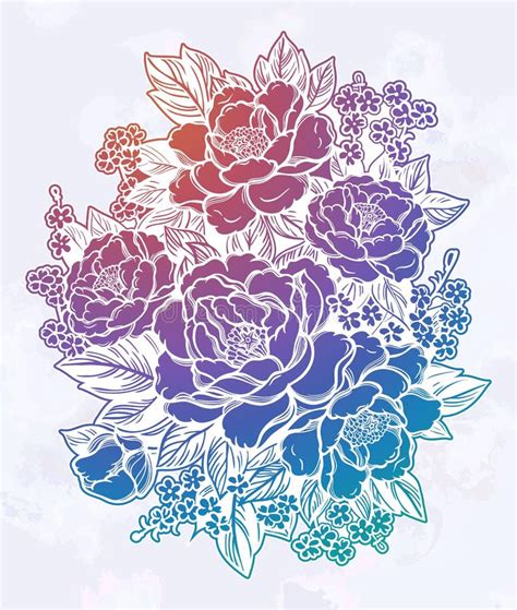 Peonies Or Roses Floral Vintage Bouquet Oriental Style Vector