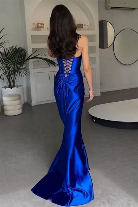 Luuvis Women Stylish Mermaid Strapless Lace Up Long Satin Prom Dress