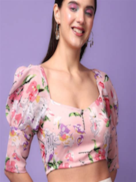 Buy Scorpius Floral Printed Sweetheart Neck Puff Sleeve Fitted Crop Top