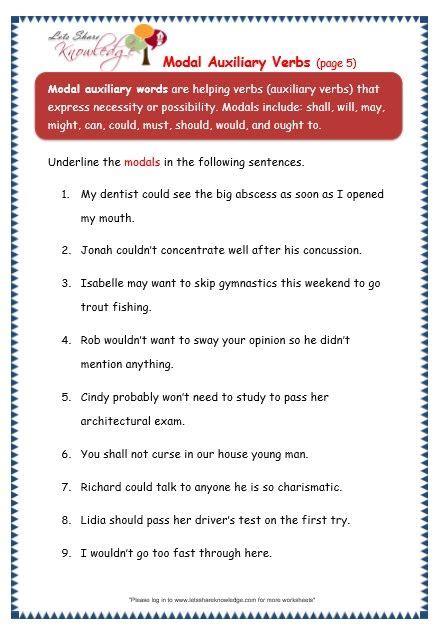 Modal Auxiliary Words Worksheet