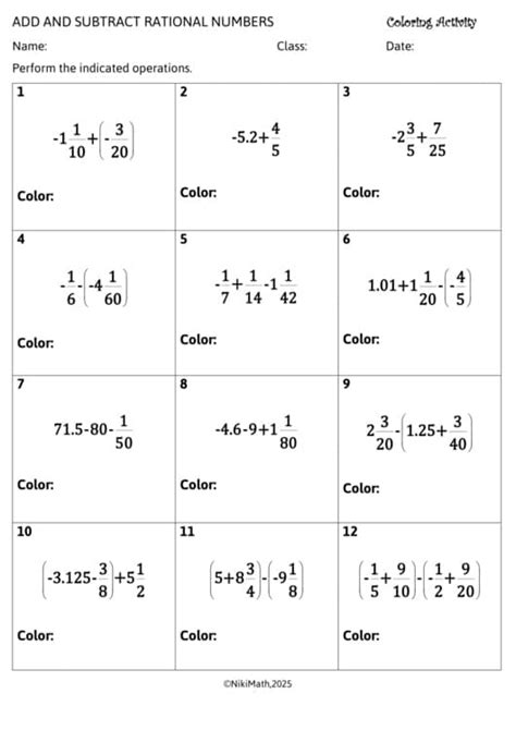Adding And Subtracting Rational Numbers Color By Code By Niki Math