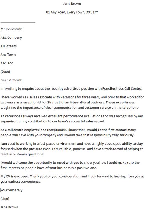 Call Centre Operator Cover Letter Example