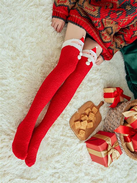 Romwe Christmas Santa Claus Pattern Pompom Decor Over The Knee Socks