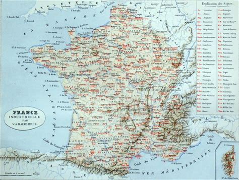 GRANDE CARTE DÉPLIANTE de l ancienne FRANCE INDUSTRIELLE Gravure couleur eme EUR