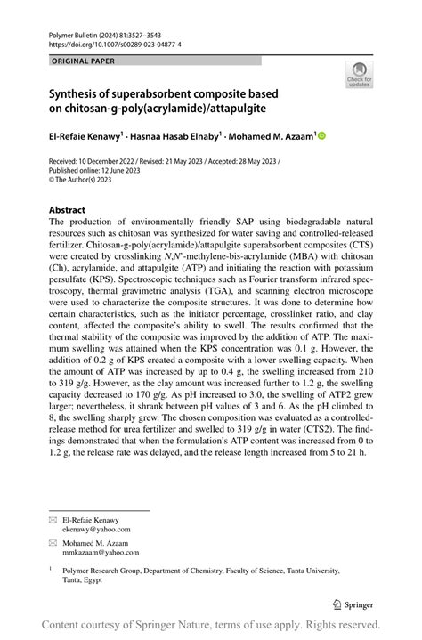 Pdf Synthesis Of Superabsorbent Composite Based On Chitosan G Poly