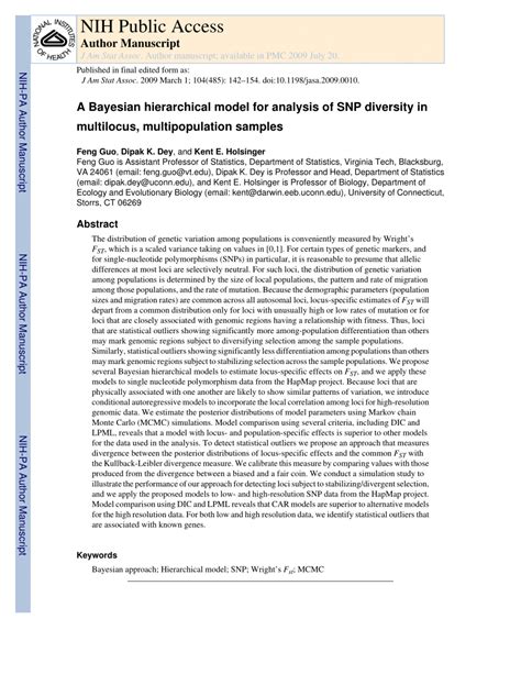 Pdf A Bayesian Hierarchical Model For Analysis Of Single Nucleotide Polymorphisms Diversity In