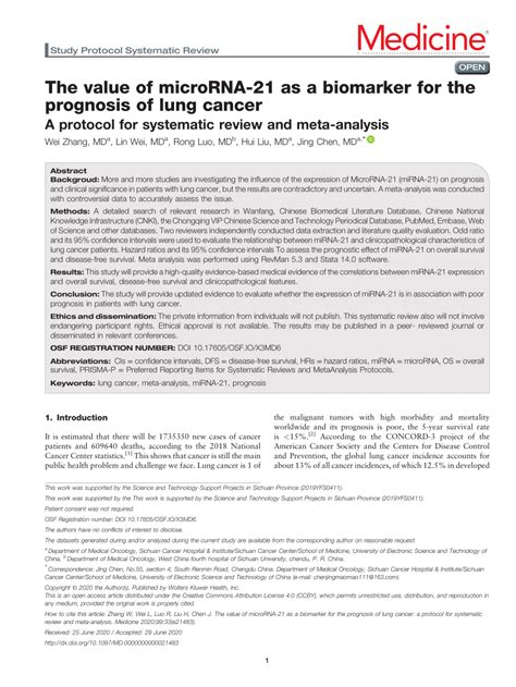 Pdf The Value Of Microrna 21 As A Biomarker For The Prognosis Of Lung