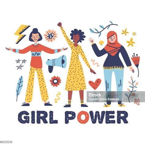 다문화 여성의 집합 성평등 페미니즘 다양하고 평등운동의 개념 벡터 일러스트 여성 텍스트 소녀 의 힘 세계 여성의 날 카드 포스터