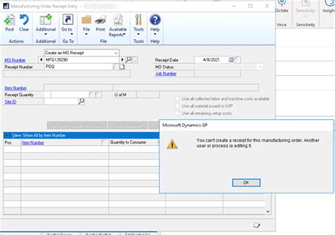 Correct Manufacturing Order Receipt Entry Error Message
