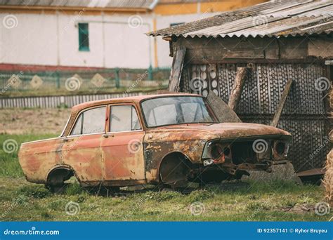 Old Broken Crashed Rusty Car Abandoned In Countryside Stock Image