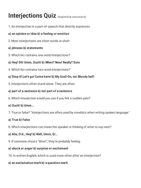 What Is An Interjection Quiz Grammar Englishclub Pdf