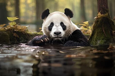 Premium Ai Image Giant Panda Ailuropoda Melanoleuca Clutching On To A Tree Generative Ai