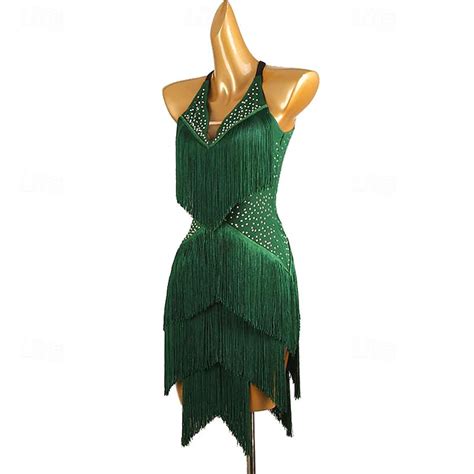 Latin Dance Dress Tassel Pure Color Splicing Womens Performance