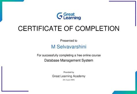 Completed Dbms Course On Great Learning Selvavarshini M Posted On The