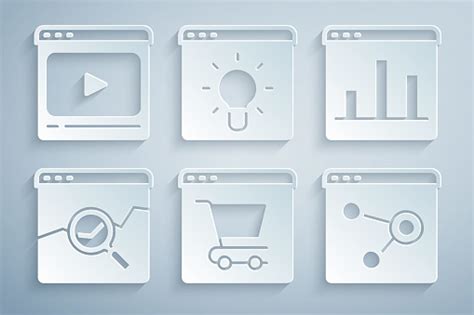 화면에서 온라인 쇼핑 그래프 차트 인포그래픽 주식 시장이 있는 웹사이트 브라우저 창 및 비디오 재생 아이콘을 설정합니다 벡터 0명에 대한 스톡 벡터 아트 및 기타 이미지