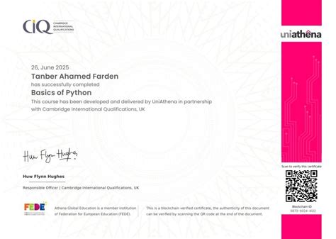 Completed The Basics Of Python Level 7 Course A Joint Program From Uniathena And Cambridge