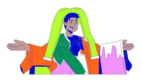 Unhappy Black Woman Under Clothes Pile 2d Linear Cartoon Character