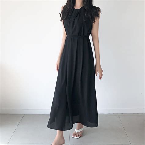 드로잉온유 하객룩 샤를 나시 끈 세트 플리츠 쉬폰 롱 원피스 블랙소라핑크아이보리