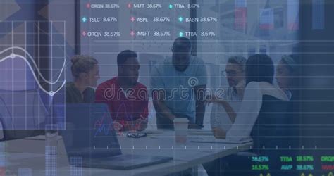 Image Of Stock Market Data Processing Over Team Of Diverse Colleagues Discussing At Office Stock