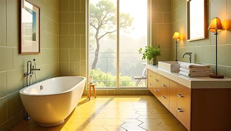Luxurious Bathroom With Large Windows And Chic Yellow Decor Stock Illustration Illustration Of