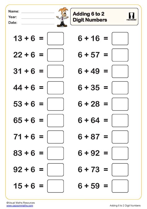 Adding 6 To 2 Digit Numbers Worksheet 20 Questions Fun And Engaging